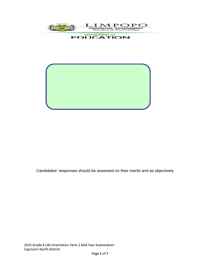 Grade 8 Life Orientation Term 2 Memo 2025 | PDF | Learning Styles ...