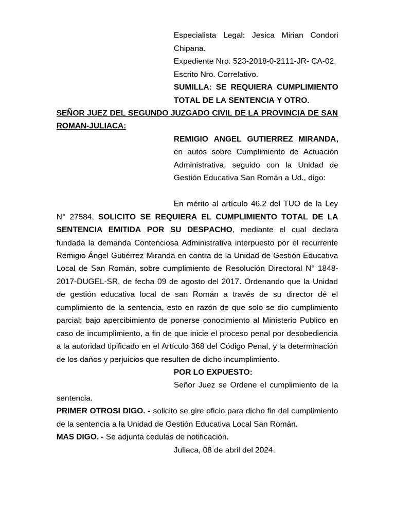 Requerimiento Ugel San Roman Remigio Angel | PDF