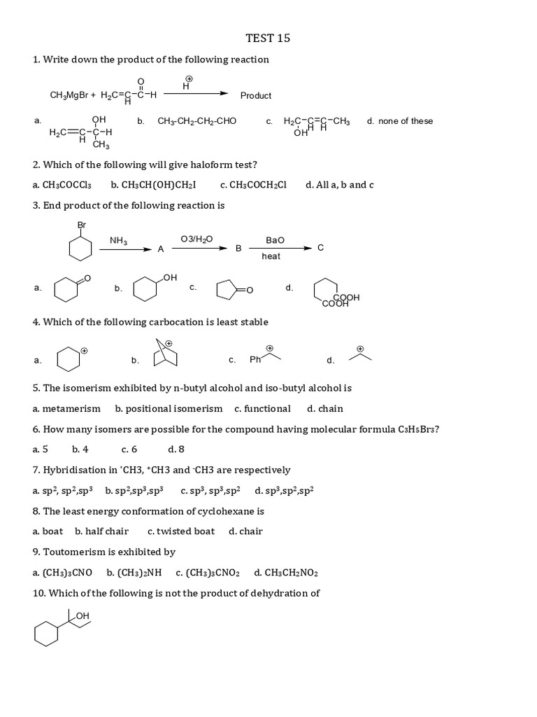 Organic Chemistry Test 15 Overview | PDF | Isomer | Organic Chemistry