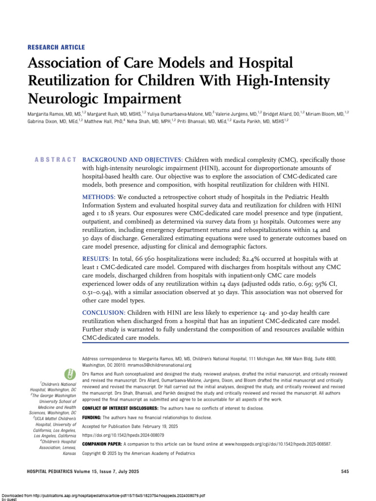 Association of Care Models and Hospital Reutilization For Children With ...