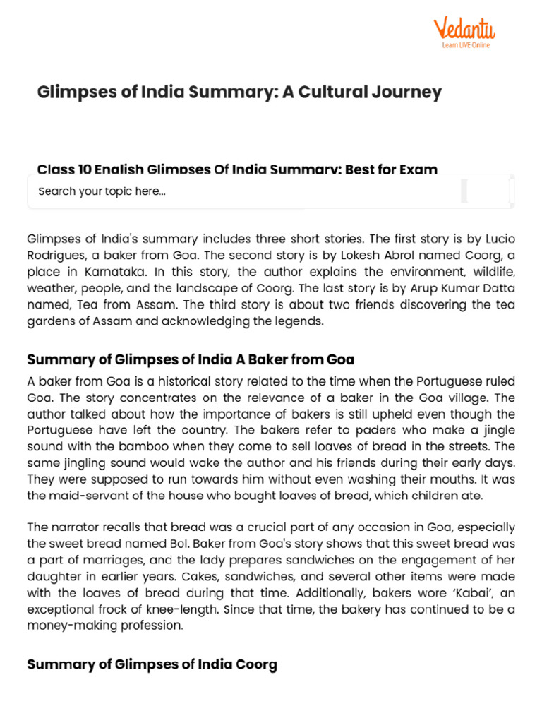 Glimpses of India Summary - A Cultural Journey | PDF