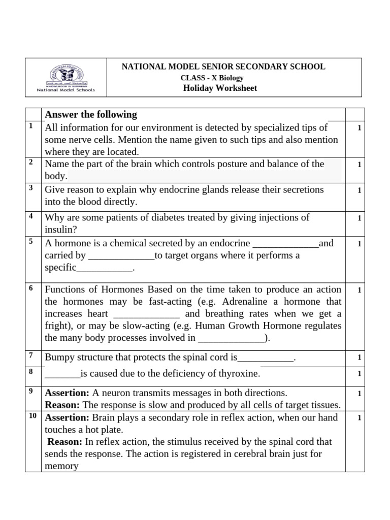 Grade10 - Biology - CH 5 Worksheet | PDF | Hormone | Endocrine System