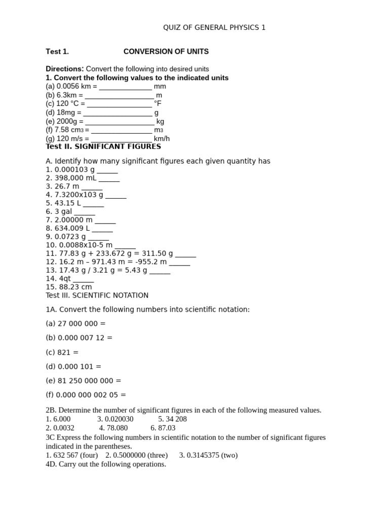 General Physics Quiz: Unit Conversions & More | PDF | Significant ...