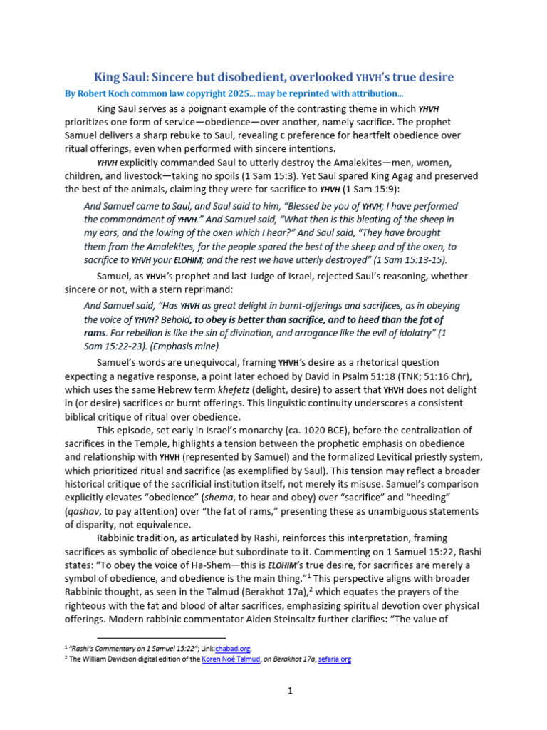 King Saul - Sincere But Disobedient | PDF | Samuel | Saul