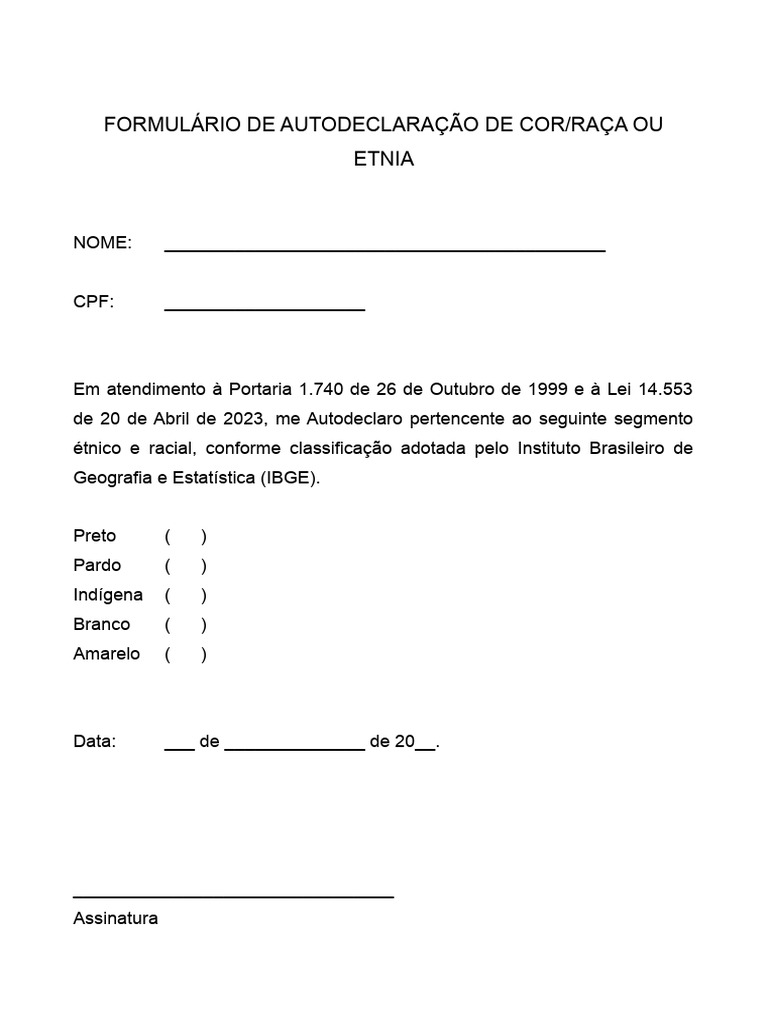 Form. Autodeclaração Raça Cor | PDF