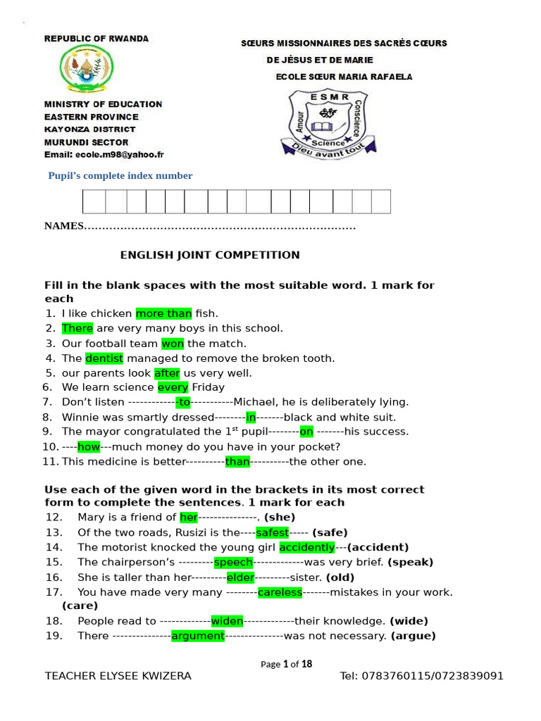 English Competition Fill-in-the-Blanks Test | PDF