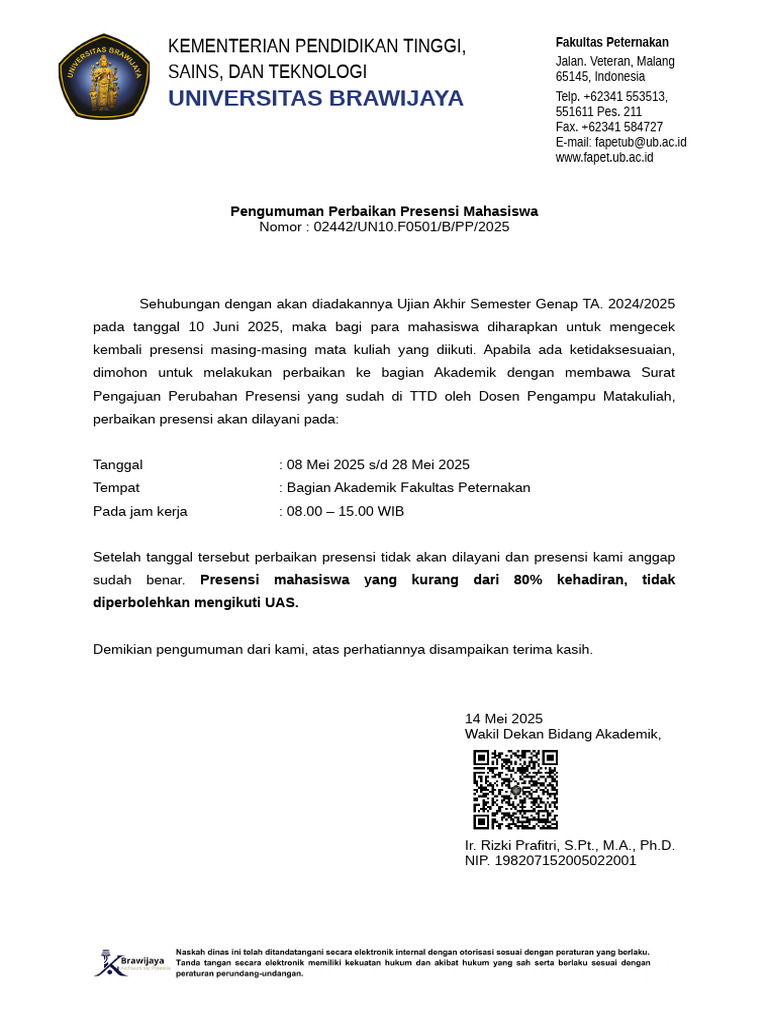 Pengumuman Perbaikan Presensi Mahasiswa Untuk UAS Semester Genap 2024-2025 | PDF