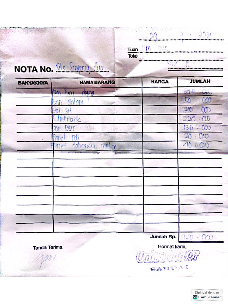 Nota Union Motor Sandai TGL 29 Juli 2025 Site Simpang2 | PDF
