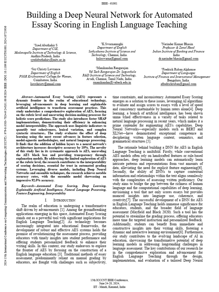Building A Deep Neural Network For Automated Essay Scoring in English Language Teaching | PDF ...