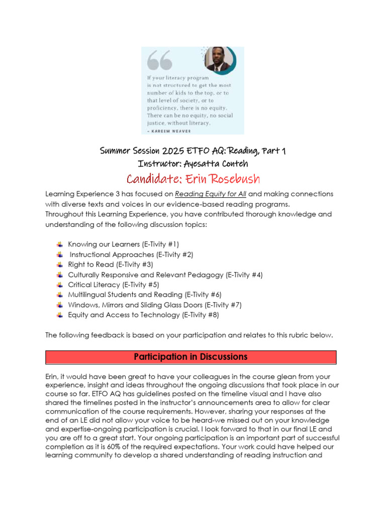 Erin Rosebush LE3 Feedback | PDF | Learning | Pedagogy