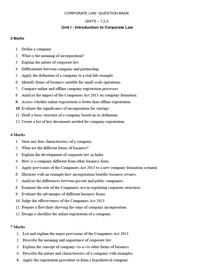 Corporate Law Question Bank - Unit-1 - 2 - 3 | PDF | Articles Of Association | Business