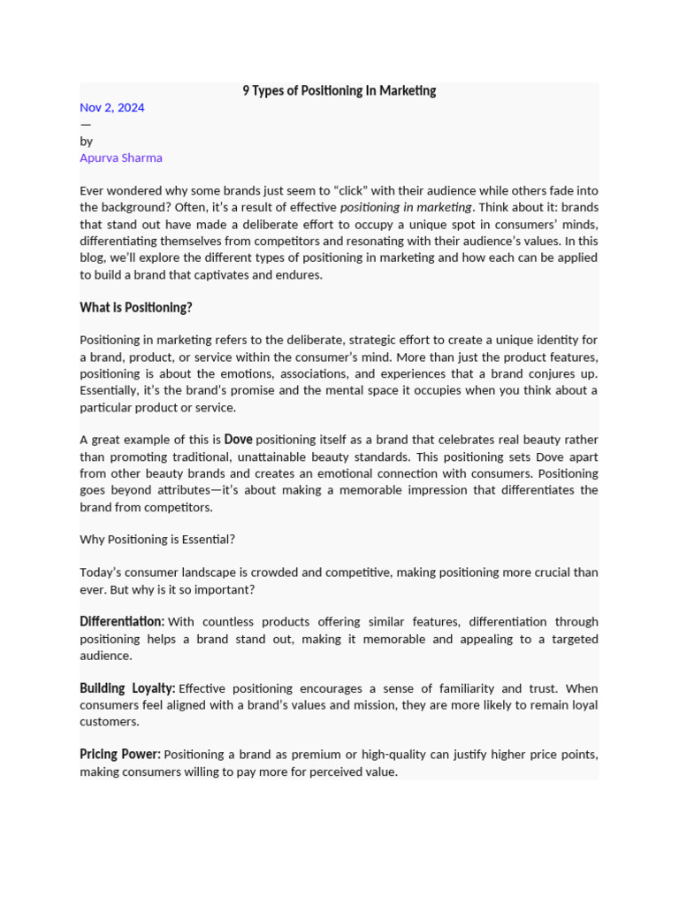 Types of Marketing Positioning Strategies | PDF | Brand | Marketing