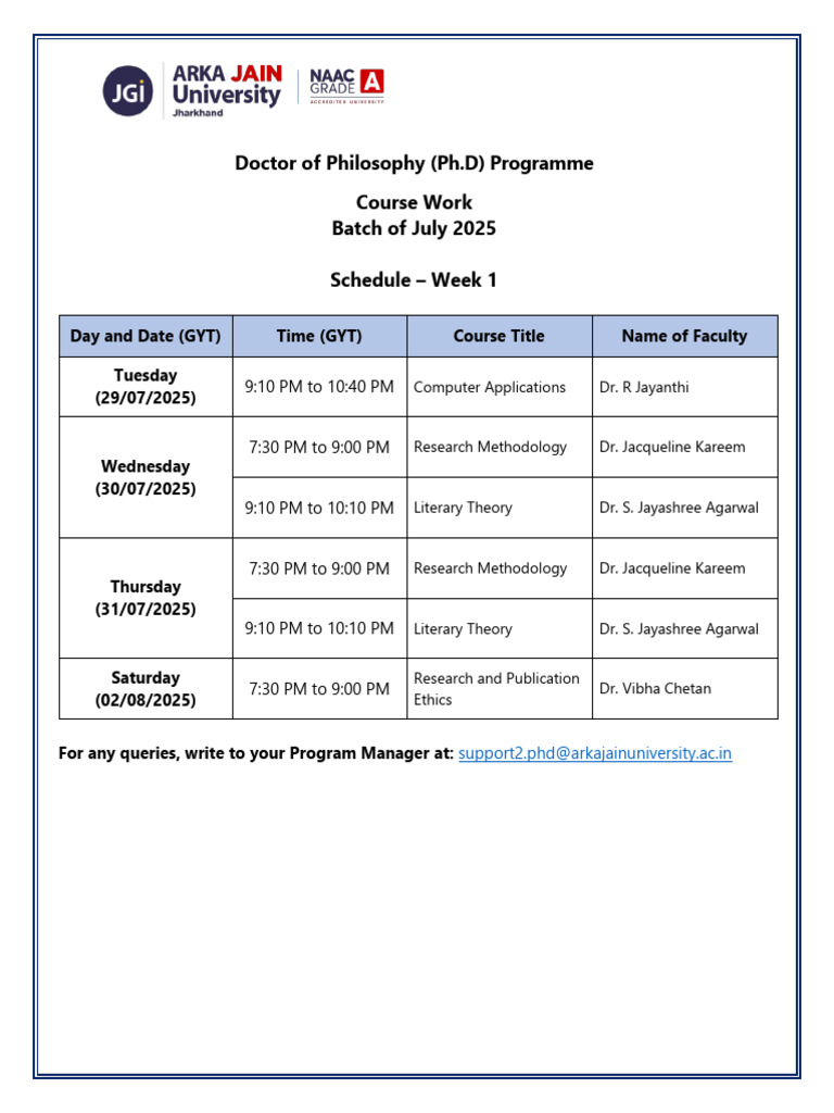 AJU PHD Course Work Schedule July 2025 (English) | PDF