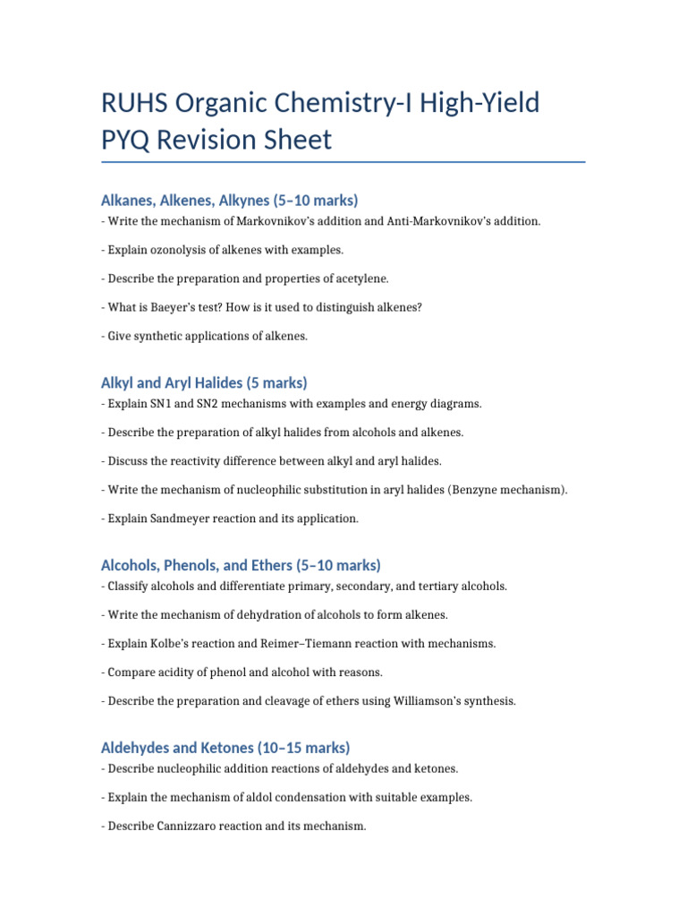 Organic Chemistry PYQ Revision Sheet | PDF