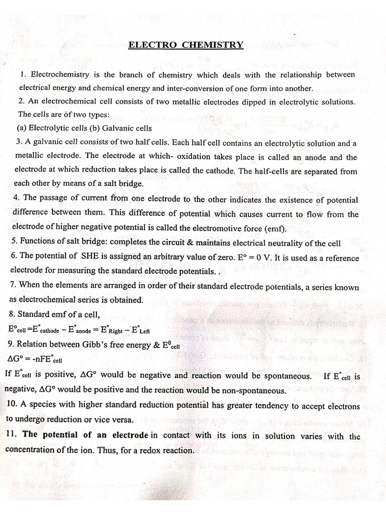 Electrochemistry Important Questions and Answers | PDF