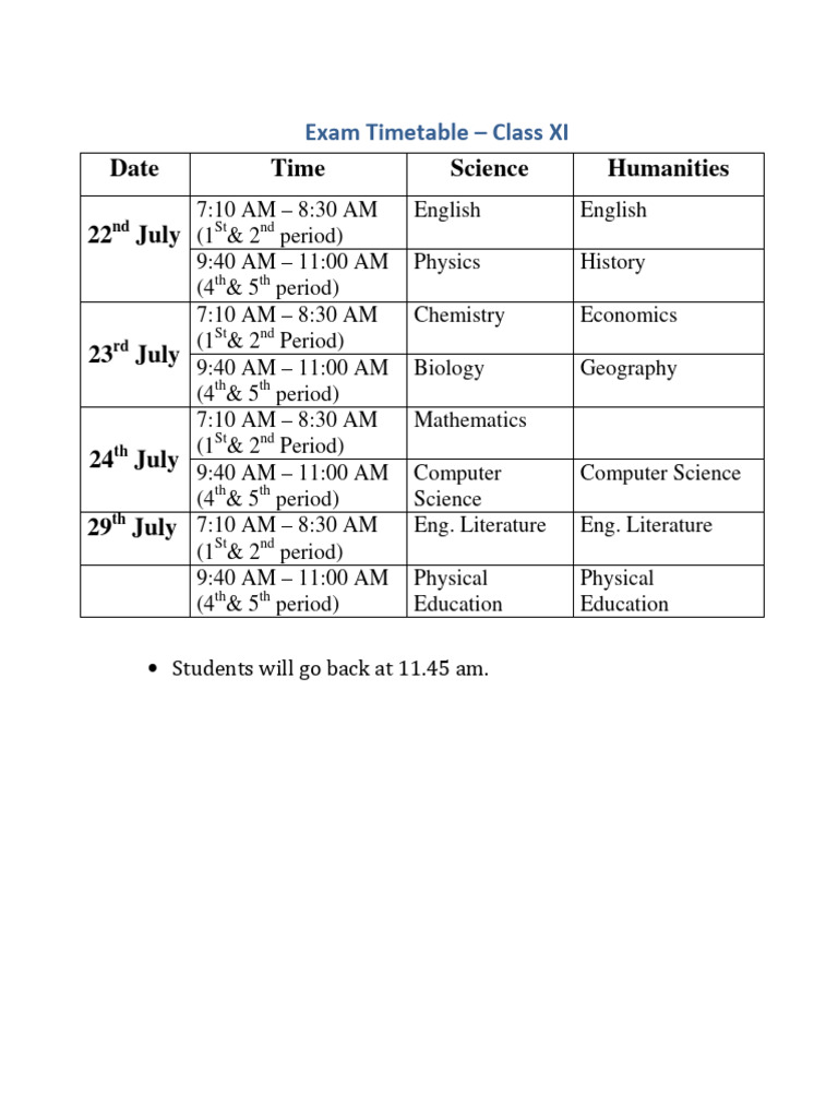 Exam Timetable XI | PDF