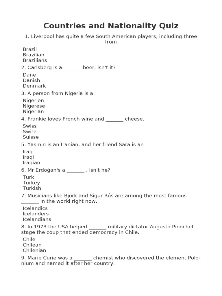 Nationalities Quiz Overview | PDF