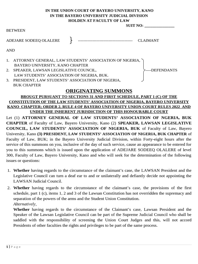 Bayero University LAWSAN Court Case Summary | PDF | Constitution ...