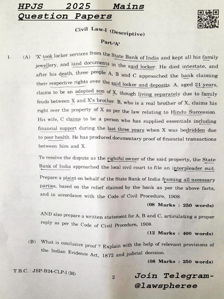 HPJS Mains 2025 Question Papers | PDF | Evidence (Law) | Lawsuit