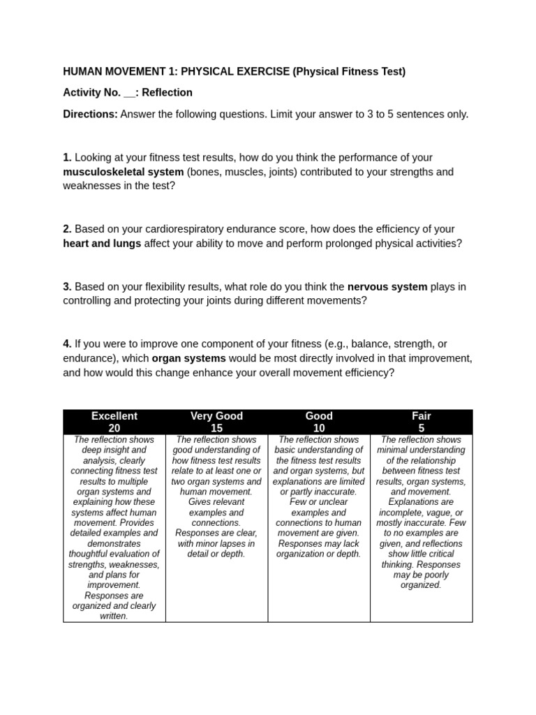 Self Reflection Human Movement Physical Exercise PFT | PDF | Physical ...