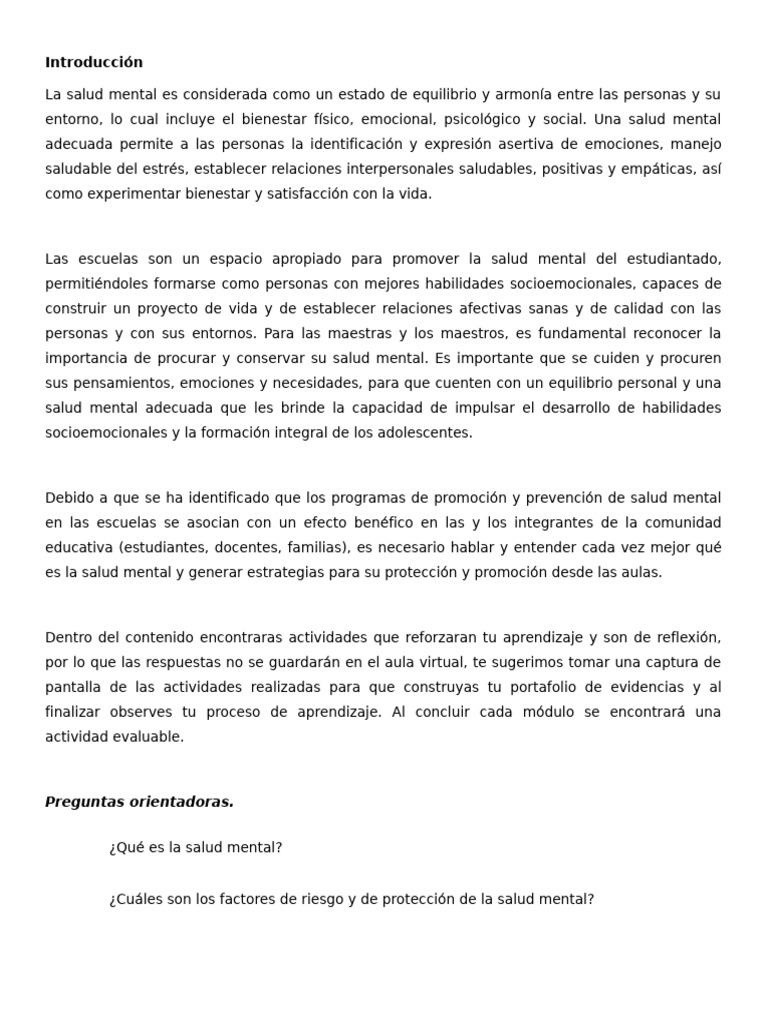 Promoción de la Salud Mental Escolar | PDF | Salud mental | Las emociones