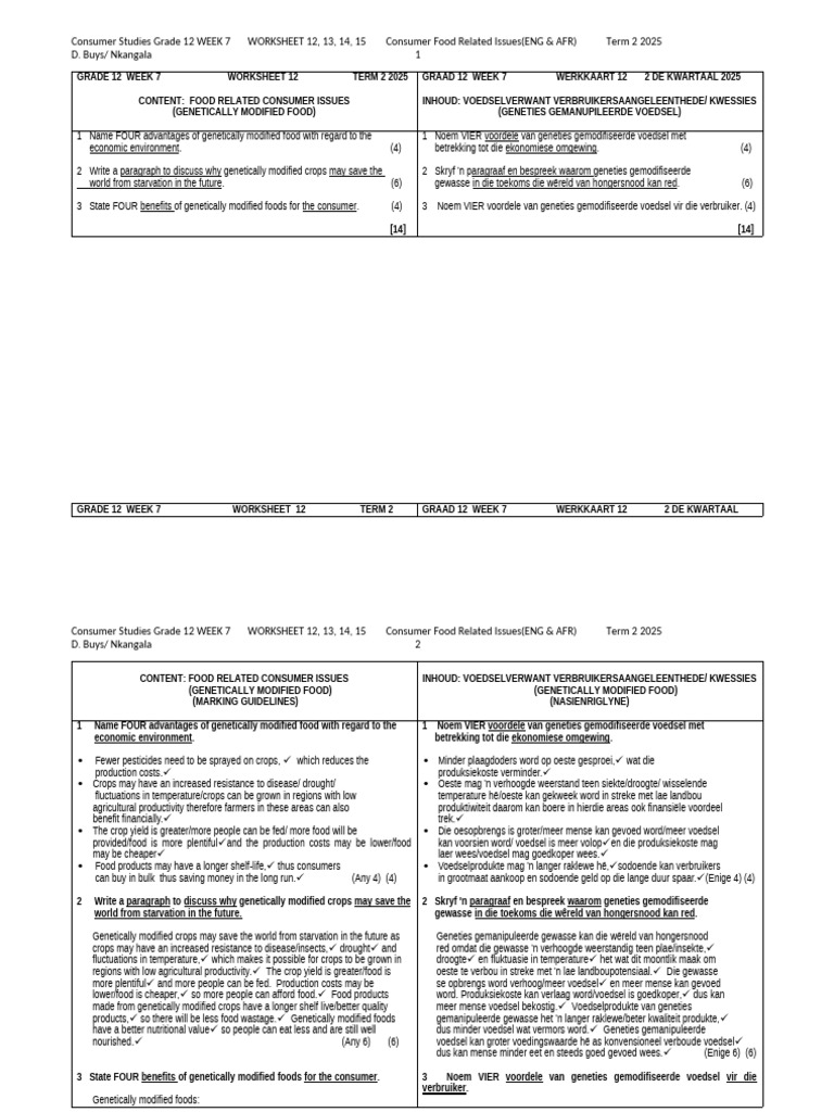 GR 12 Week 7 Worksheet 12, 13, 14, 15 Term 2 2025 (Food Related ...