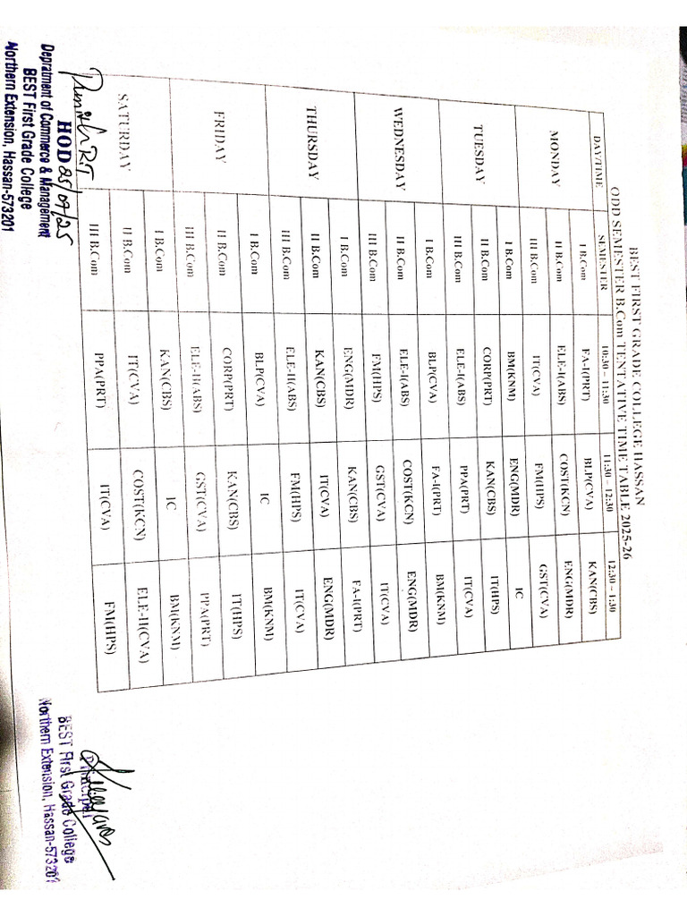 Bcom Odd Sem Tentative Time Table 2025-26 | PDF