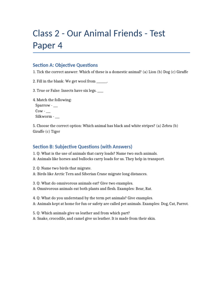 Our Animal Friends: Class 2 Test | PDF
