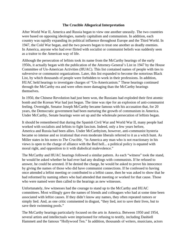 The Crucible Allegorical Interpretation | PDF | Mc Carthyism | House Un ...