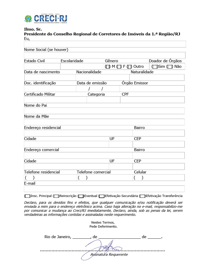 Formulário de Requerimento CRECI/RJ | PDF