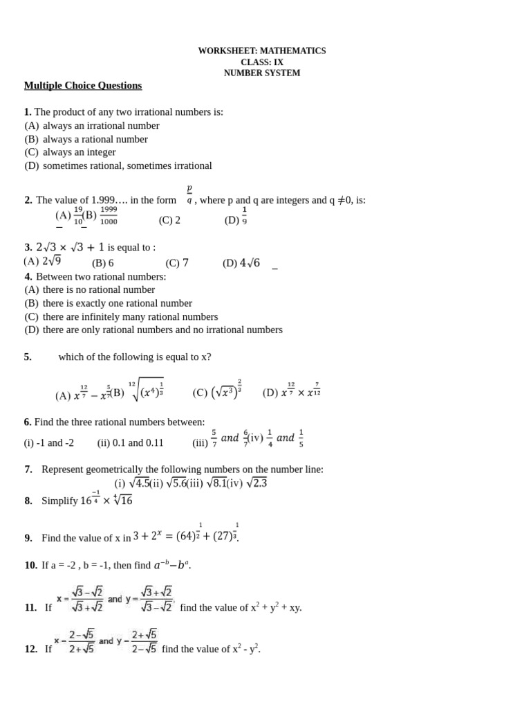 Class 9 Work Sheet Chapter 1 and 2 | PDF | Numbers | Rational Number