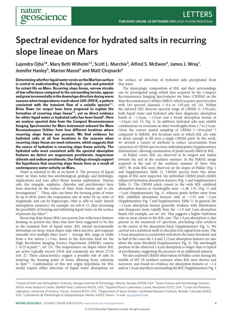 Spectral Evidence For Hydrated Salts in Recurring Slope Lineae On Mars ...