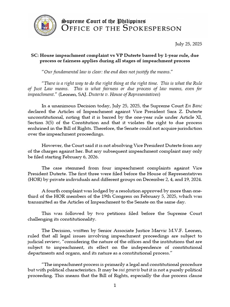 Duterte Impeachment Case Ruling Summary | PDF | Impeachment | United ...