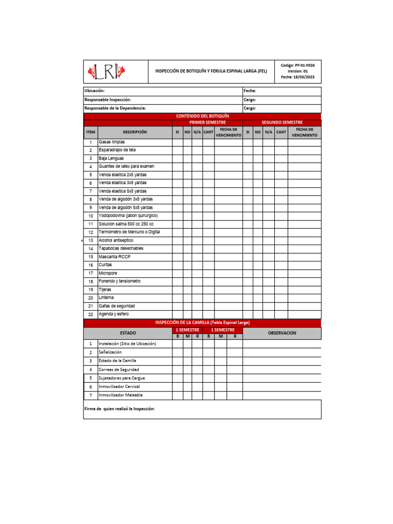 Formato Inspeccion de Botiquin y FEL | PDF