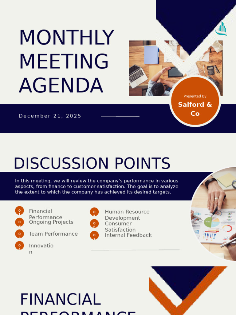 Blue and Orange Professional Monthly Meeting Agenda Presentation | PDF ...