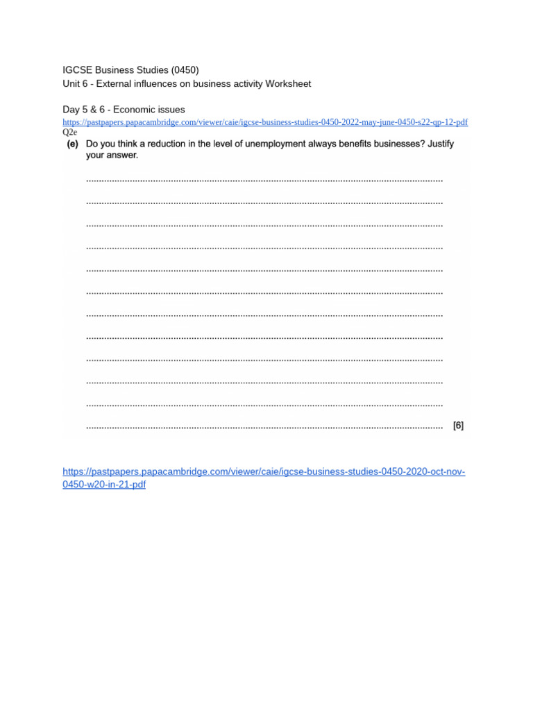 IGCSE Business Studies Unit 6 Worksheet | PDF