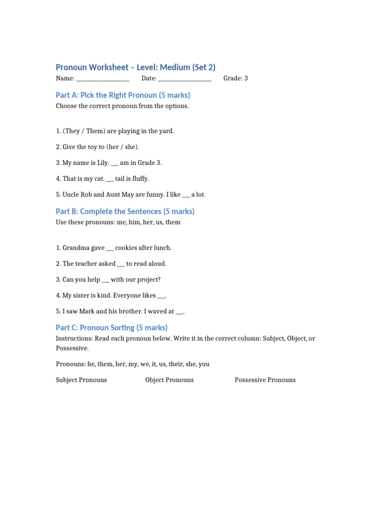 Pronoun Worksheet Mid Level Set2 | PDF
