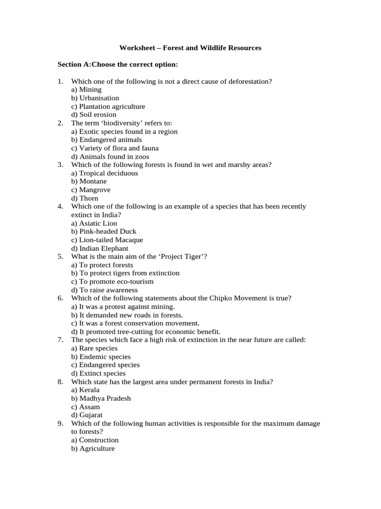 Worksheet - Forest and Wildlife Resources | PDF | Conservation Biology ...