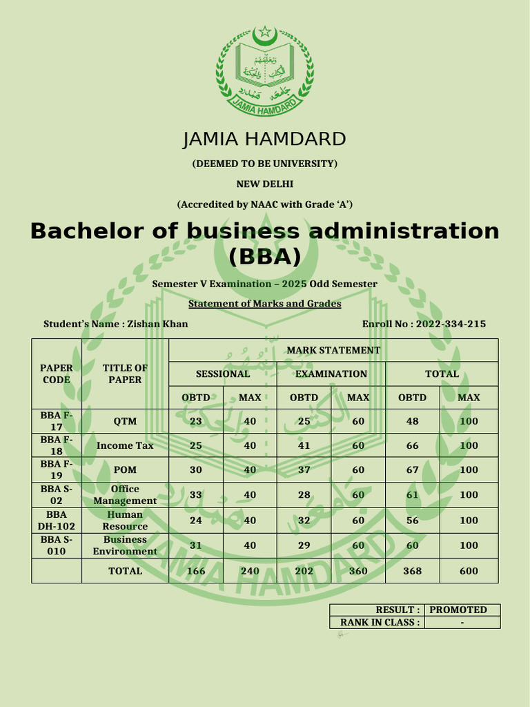 BBA Semester V Marks Statement 2025 | PDF