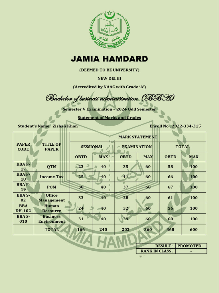 BBA Semester V Marks Statement 2024 | PDF