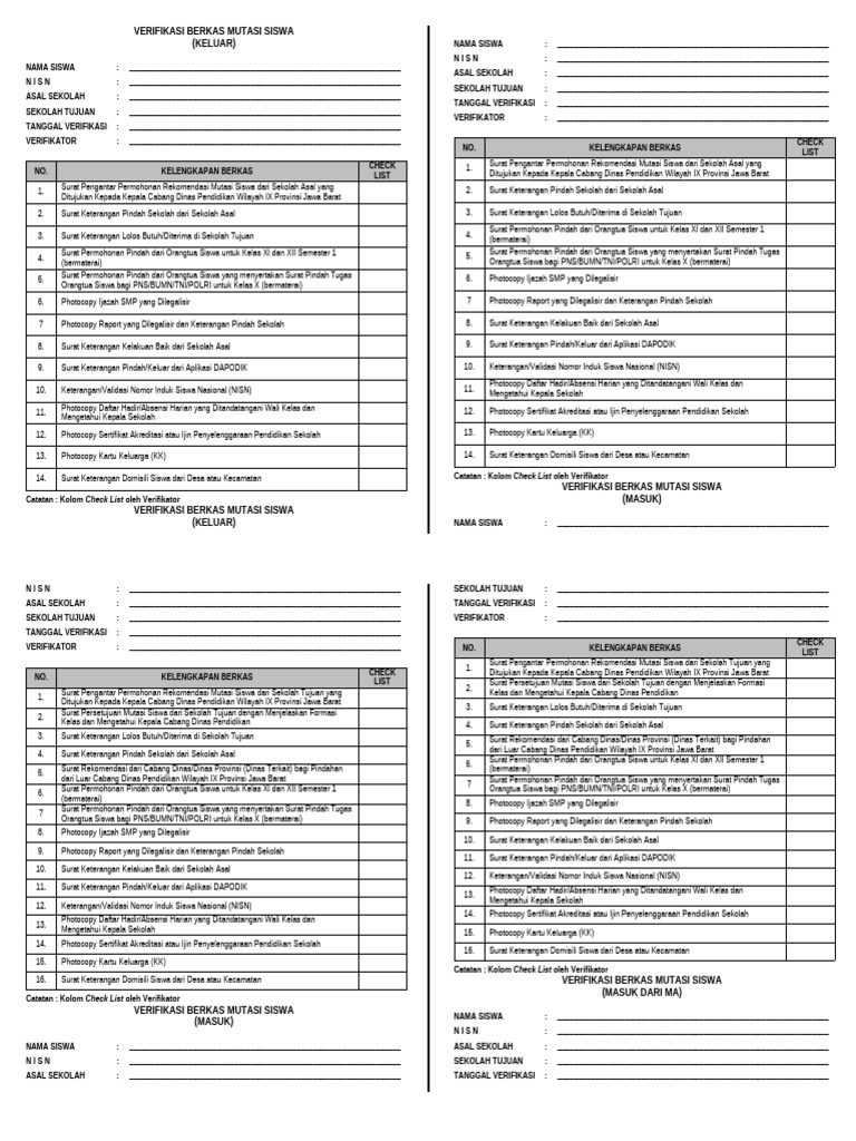 Susunan Berkas Mutasi Siswa Ceklis | PDF