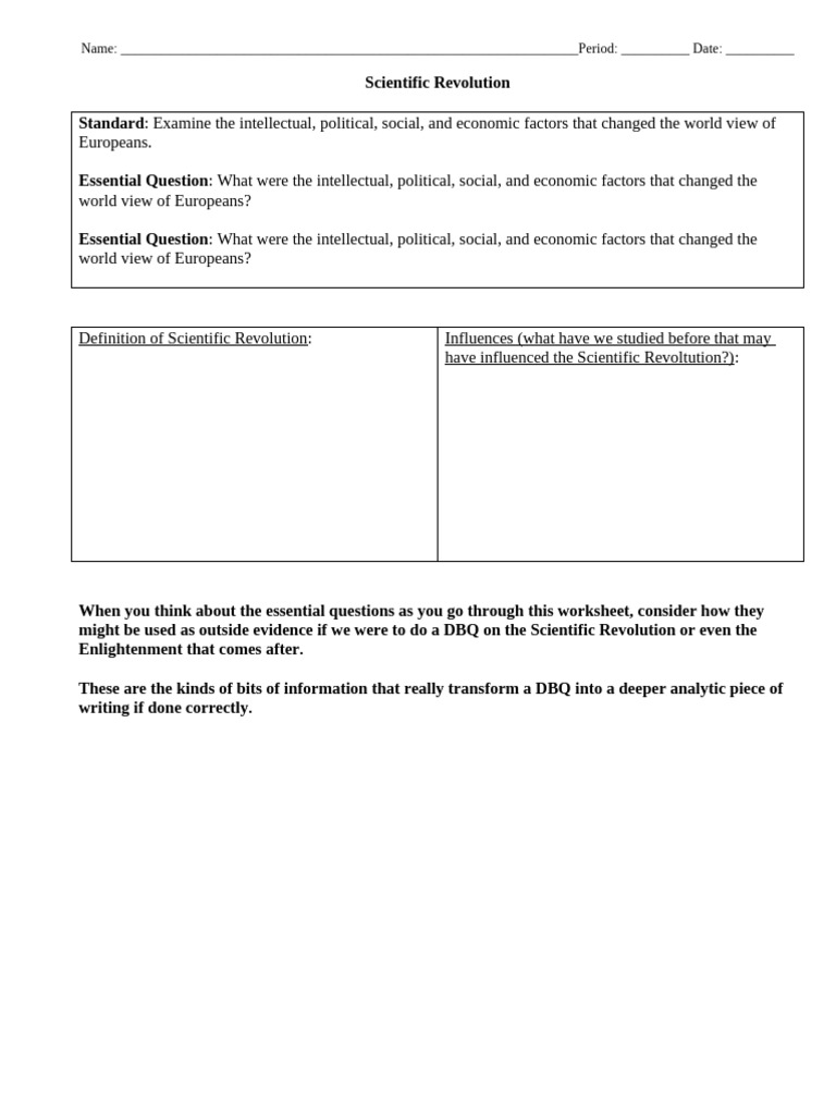 Scientific Revolution Worksheet | PDF