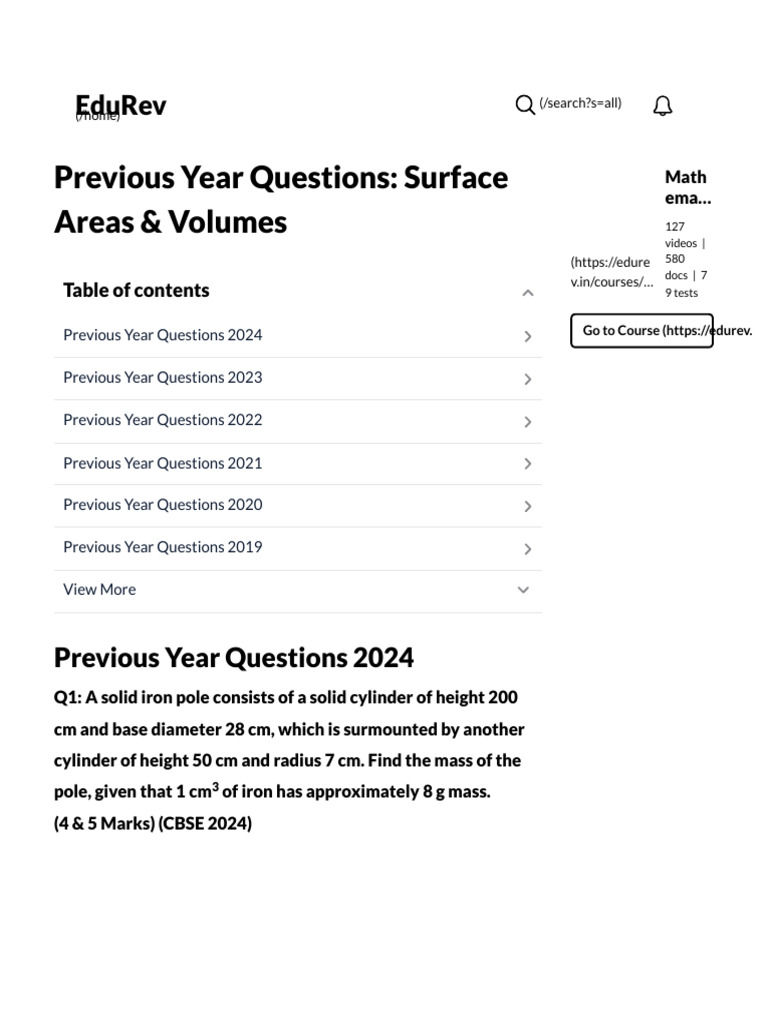 Class 10 Surface Area & Volume Questions | PDF | Sphere | Volume