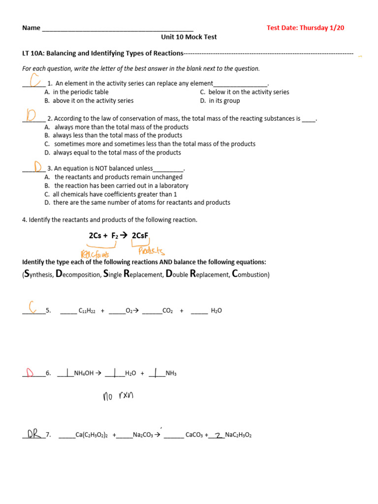 Unit 10 Mock Test: Chemical Reactions | PDF | Chemical Reactions | Salt ...