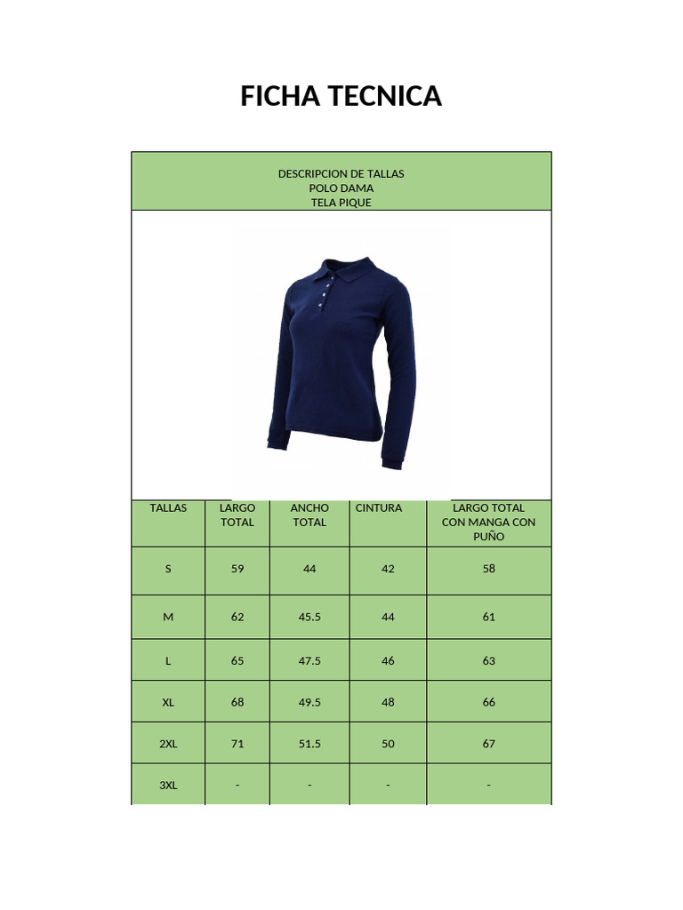Ficha Tecnica Polo Dama Manga Larga | PDF