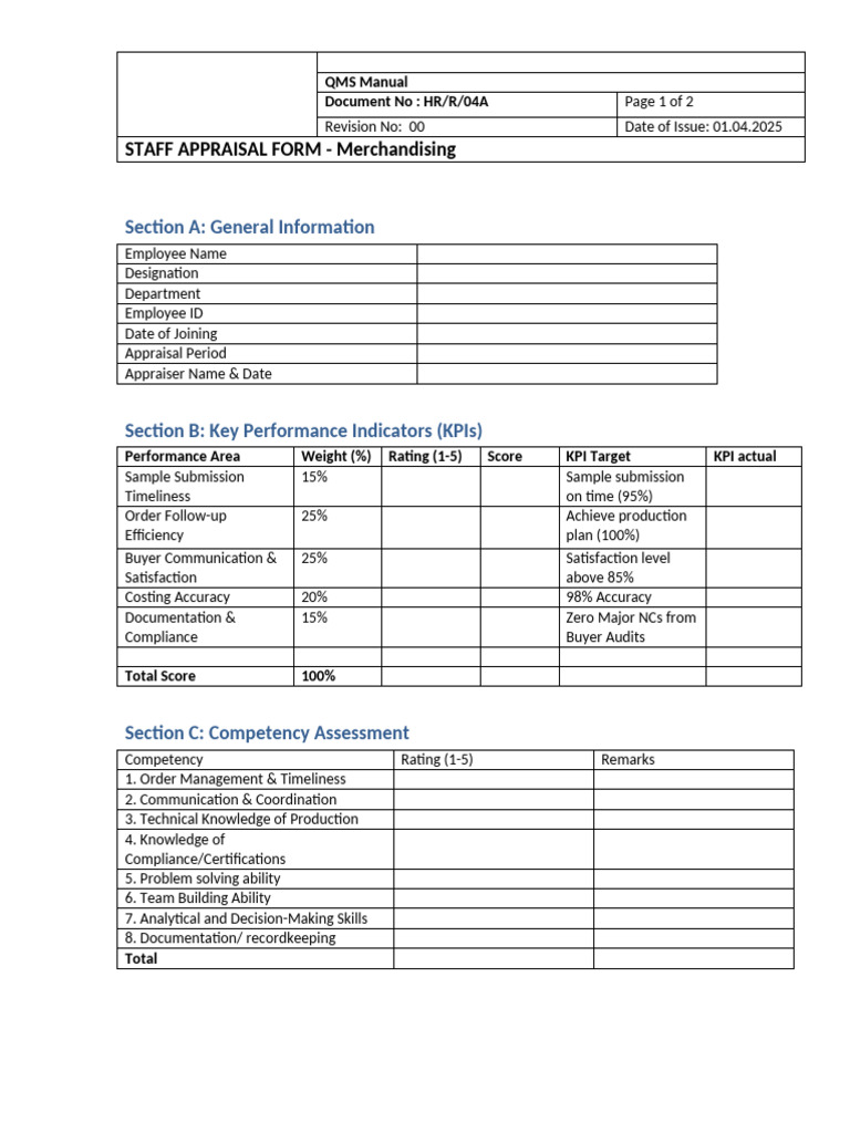 Staff Appraisal Form - Merchandising | PDF