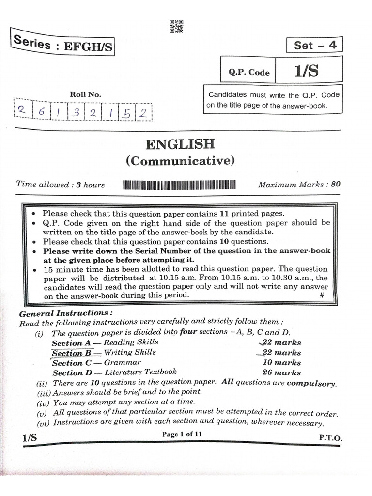 English (Communicative) Class 10 Board Paper Set4 | PDF