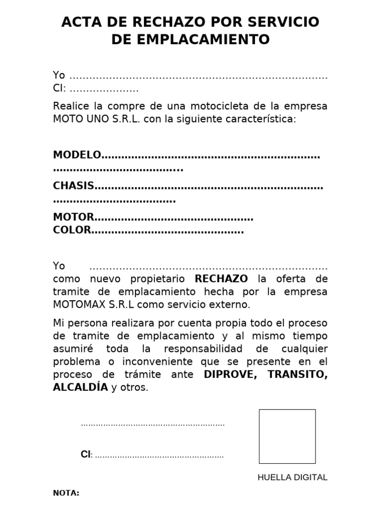 Acta de Rechazo Por Servicio de Placa | PDF
