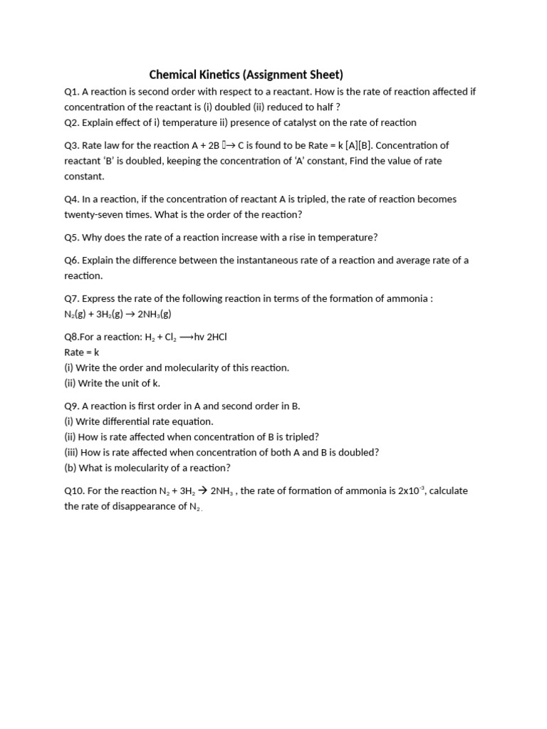 Chemical Kinetics (Assignment Sheet) | PDF