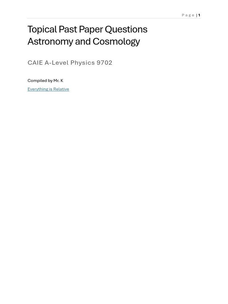 Topical Past Paper Questions - Astronomy and Cosmology - CAIE A-Level Physics | PDF
